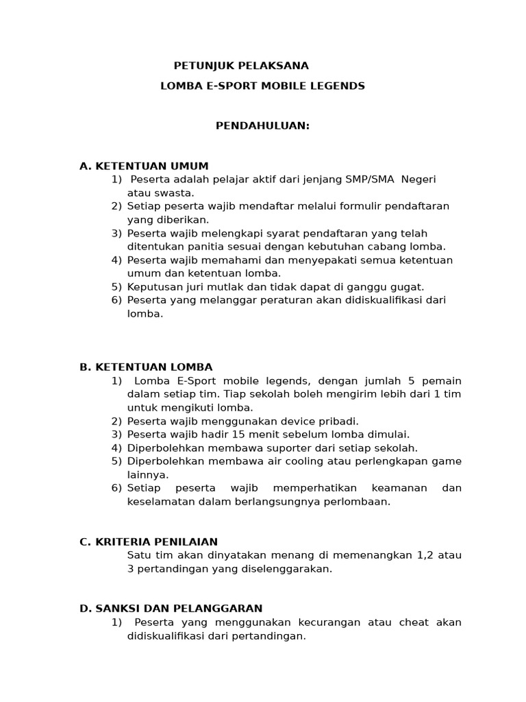 Juklak Dan Juknis E-Sport ML | PDF