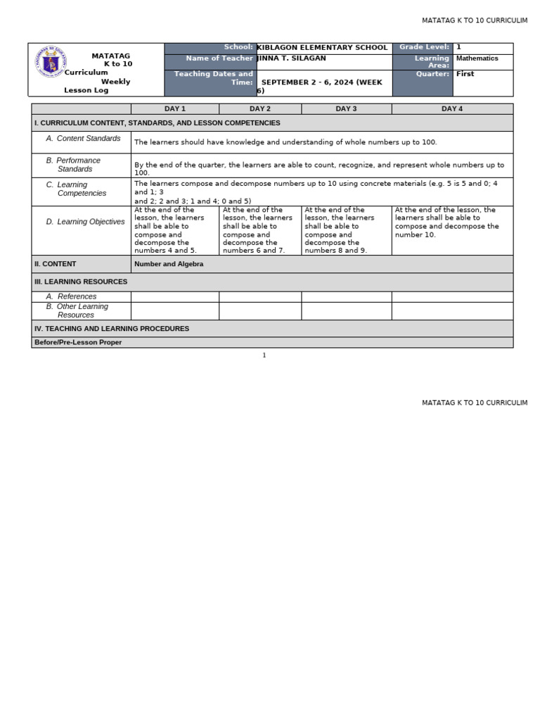 DLL Matatag - Mathematics 1 - Q1 - W6 | PDF