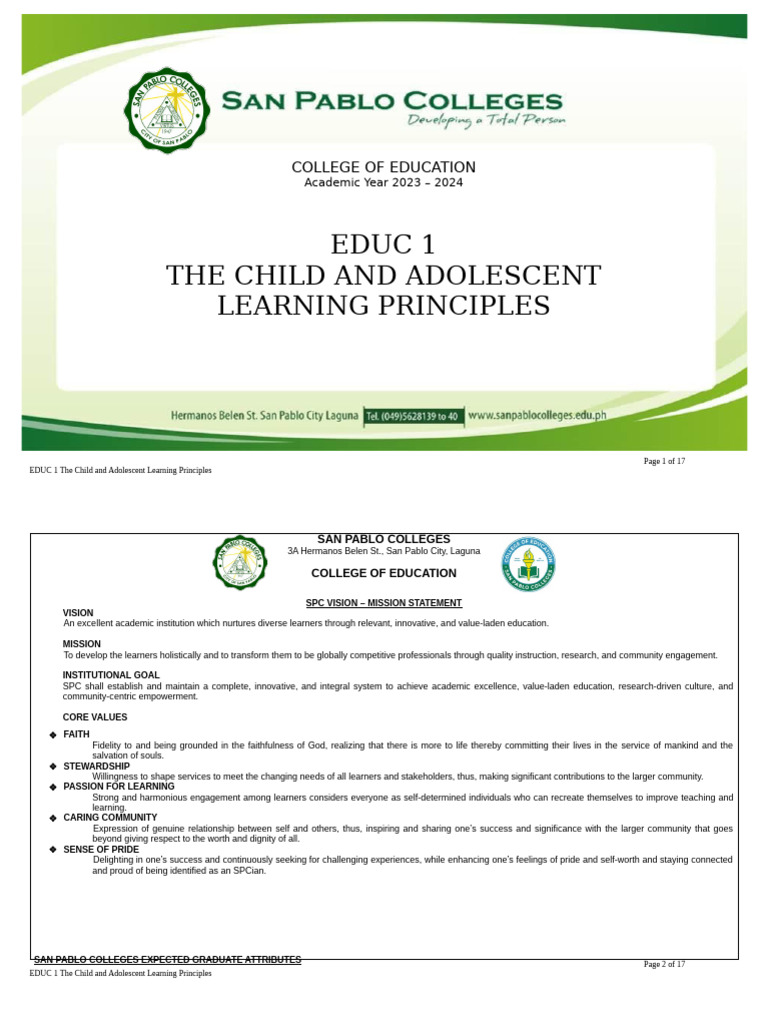 EDUC 1 The Child and Adolescent Learning Principles | PDF | Learning ...