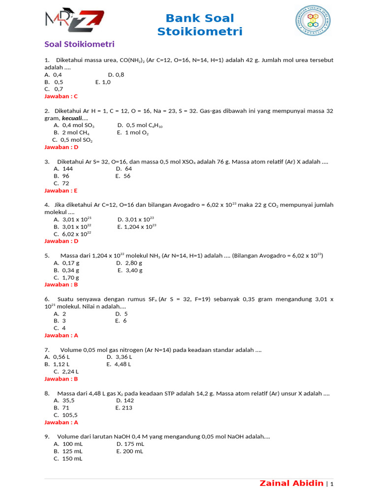 Bank Soal Kelas X - Stoikiometri 1 | PDF