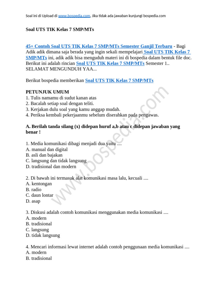 45+ Contoh Soal UTS TIK Kelas 7 SMP MTs Semester Ganjil | PDF