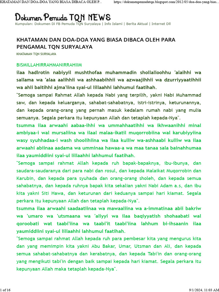 KHATAMAN DAN DOA-DOA YANG BIASA DIBACA OLEH PARA PENGAMAL TQN SURYALAYA - Dokumen Pemuda TQN ...