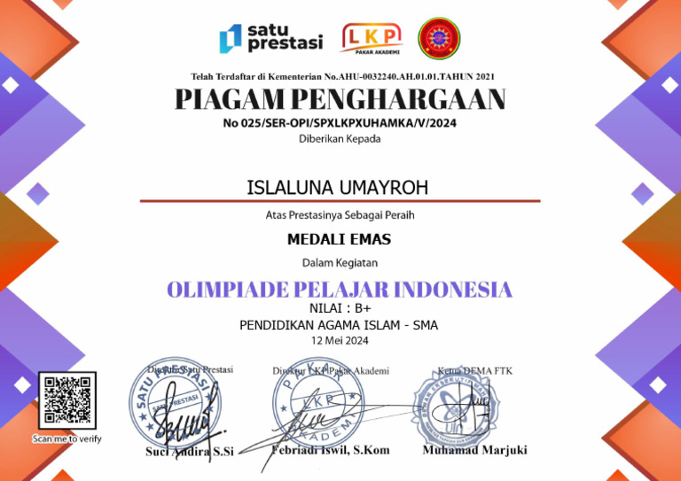 Sertifikat Olimpiade Pelajar Indonesia | PDF