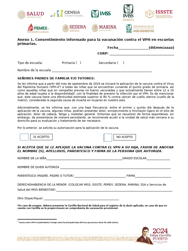 Consentimiento Informado - VPH - 2024 | PDF