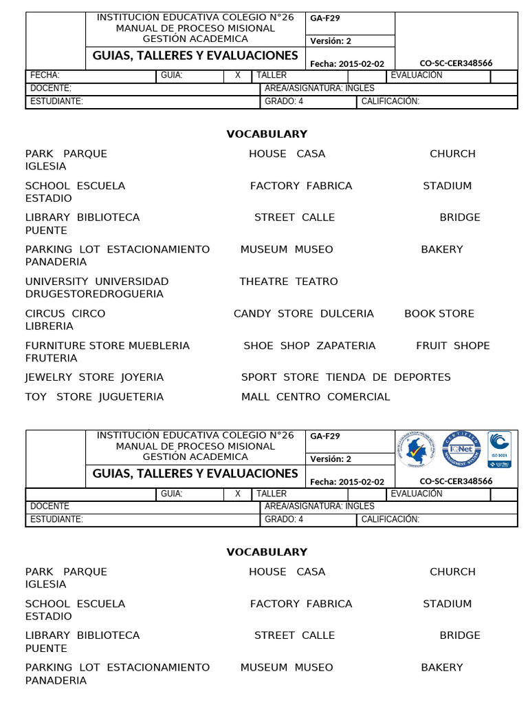 FICHA DE VOCABULARIO DE LUGARES Y SITIOS | PDF