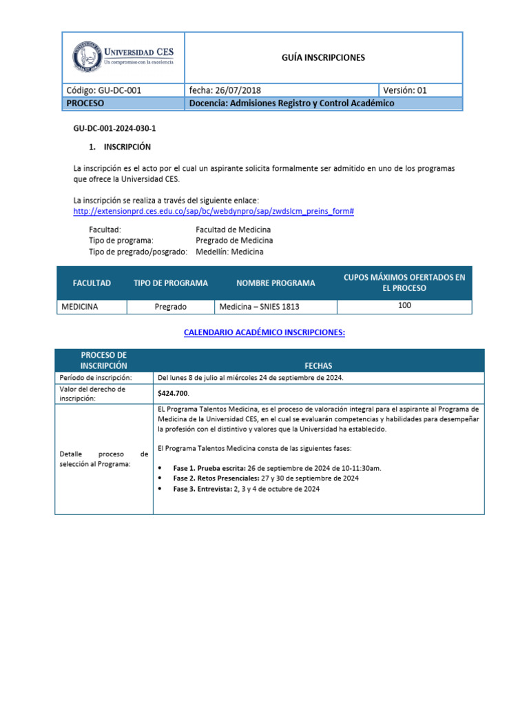 GU DC 001 2024 030 1 Guia Inscripciones Pregrado Medicina 2025 1 | PDF