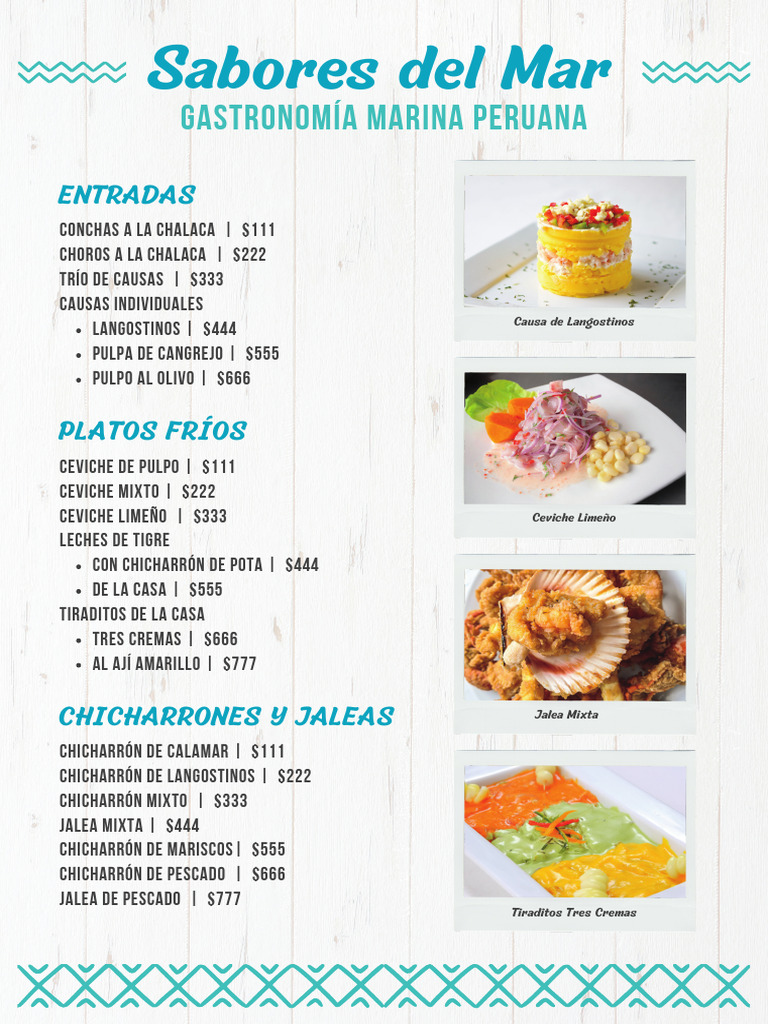 Menú de Comida Peruana Restaurante Gastronomía Marina Blanco y Turquesa ...