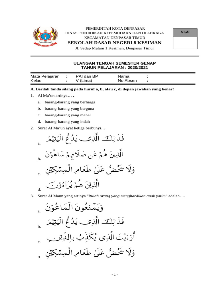 Soal PTS II PAI Kelas 5 FIX | PDF
