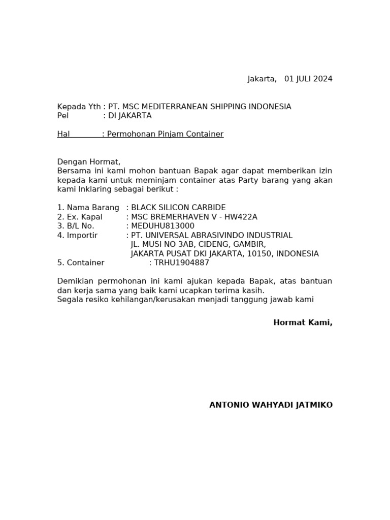 Surat Pinjam Container | PDF