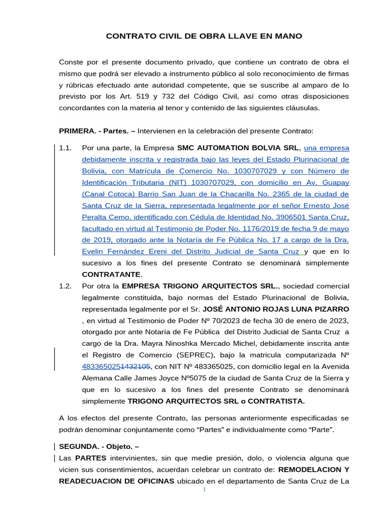 Contrato Civil de Obra Llave en Mano Smc Automation Bolivia Buddy | PDF