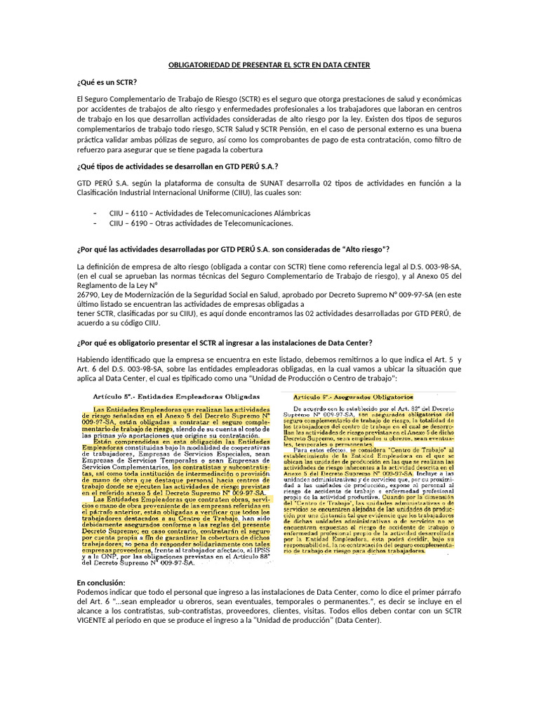 Obligatoriedad de Presentar El SCTR en Data Center | PDF