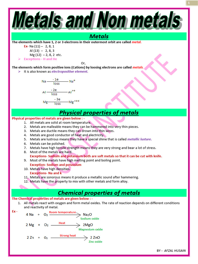 10th Metals and Non Metals Notes | PDF | Ion | Chemical Bond