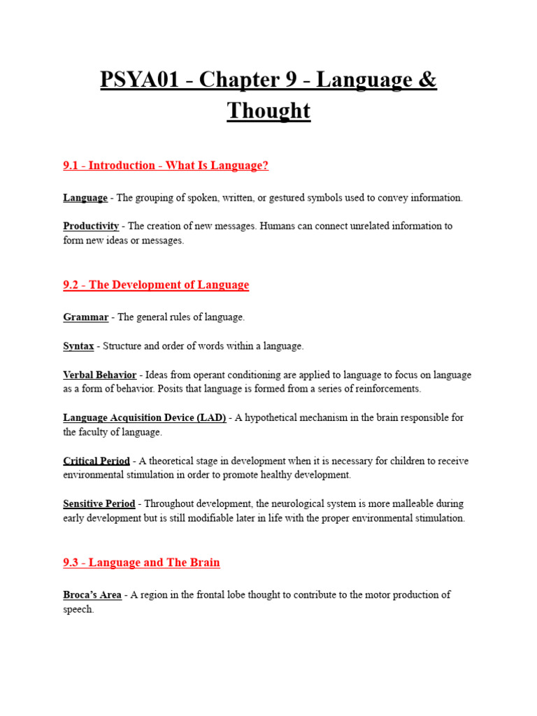 PSYA01 - Chapter 9 - Language & Thought | PDF