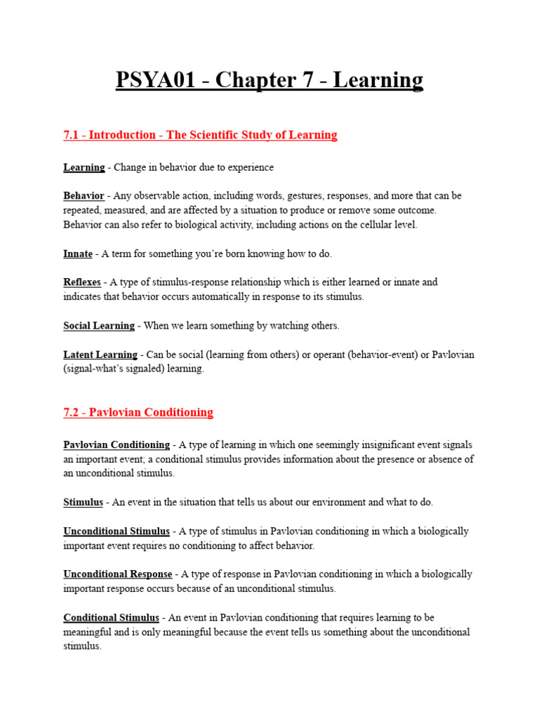 PSYA01 - Chapter 7 - Learning | PDF