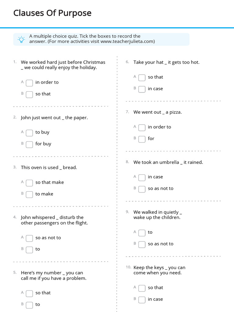 Clauses of Purpose Quiz | PDF