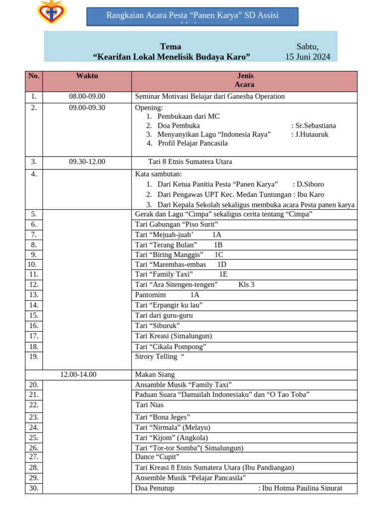 RUNDOWN ACARA PESTA PANEN KARYA 2024 | PDF