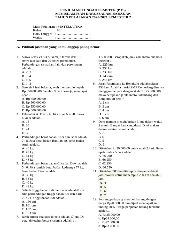 Soal Pts MTK Kelas 7 A&b SMT 2 - Neni | PDF
