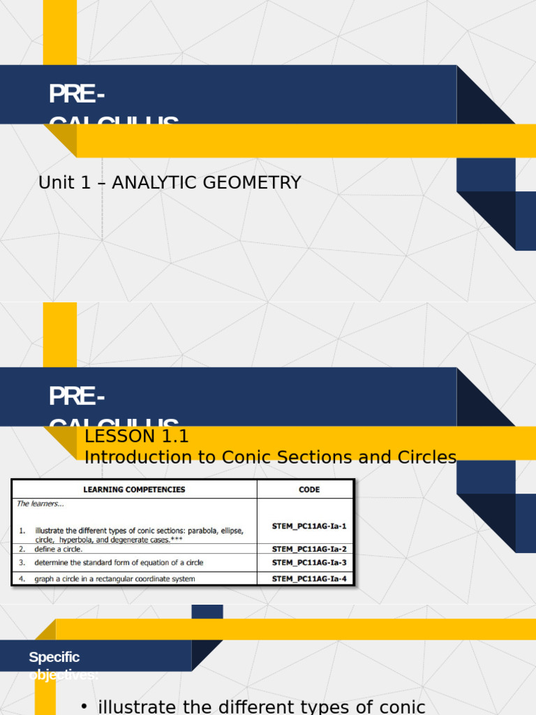PRE CALCULUS WEEK 1.1 Introduction To Conic Sections and Circles | PDF