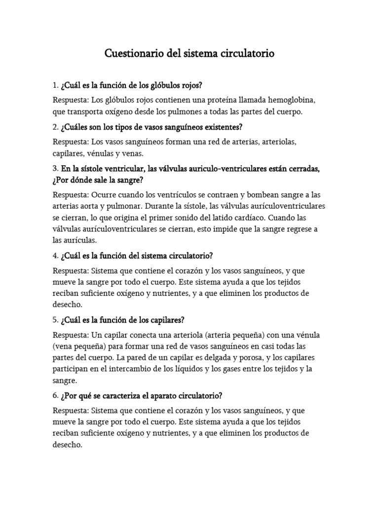 Cuestionario sobre el sistema circulatorio | PDF | Corazón | Sistema ...