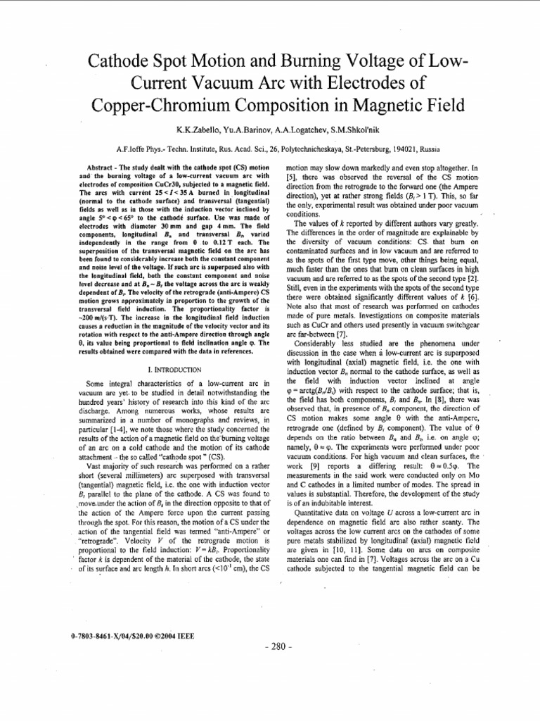 Cathode Spot Motion and Burning Voltage of Low Current Vacuum Arc With Electrodes of Copper ...