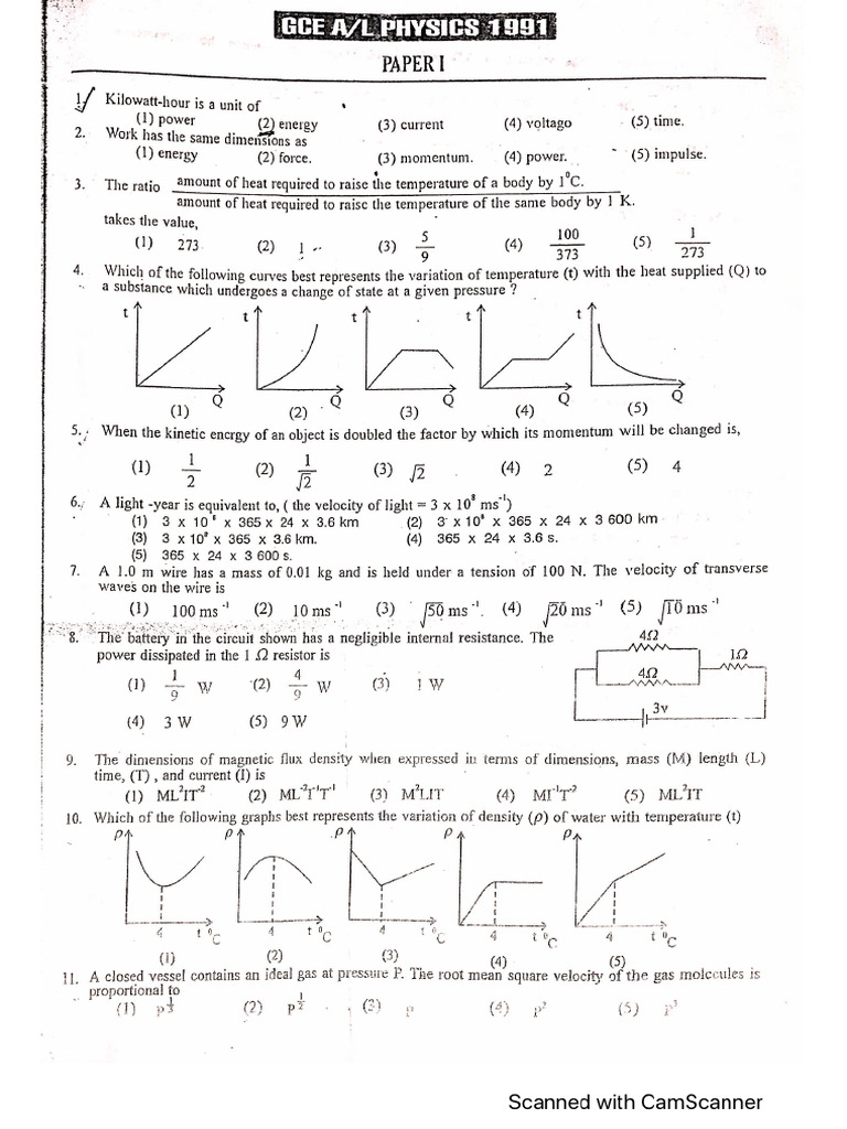 1991 Physics Past Paper | PDF