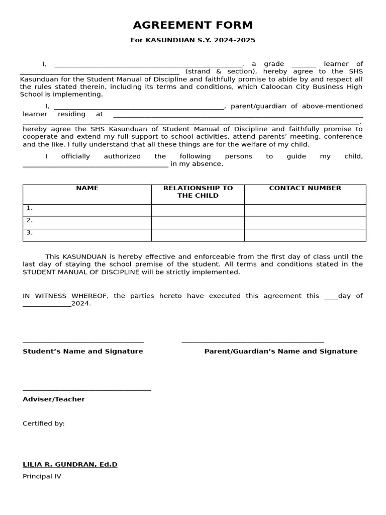Student Parent Agreement For Student Manual Handbook Revised | PDF