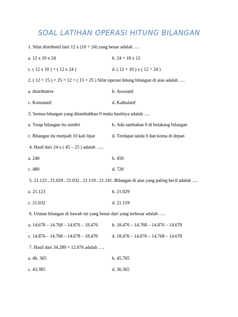 Soal Latihan Operasi Hitung Bilangan | PDF