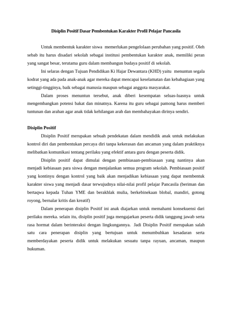 Disiplin Positif Dasar Pembentukan Karakter Profil Pelajar Pancasila | PDF