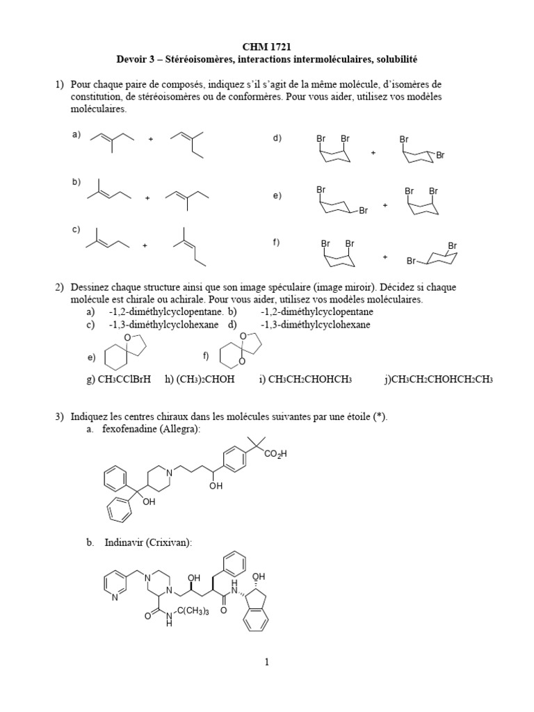 CHM 1721 - Devoir 3 - Énantiomères, Diastéréo-Isomères, Interactions | PDF