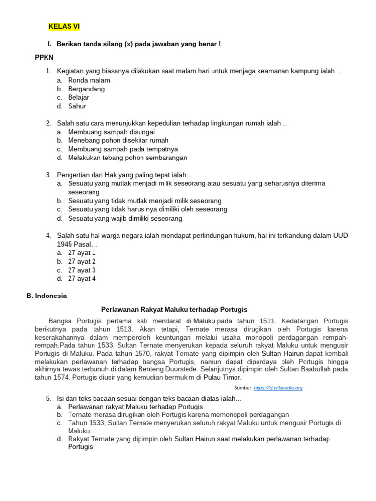 Soal PTS TEMATIK TEMA 6 SUB 1 DAN 2 Kelas 6 Smt 2 (datadikdasmen.com) | PDF