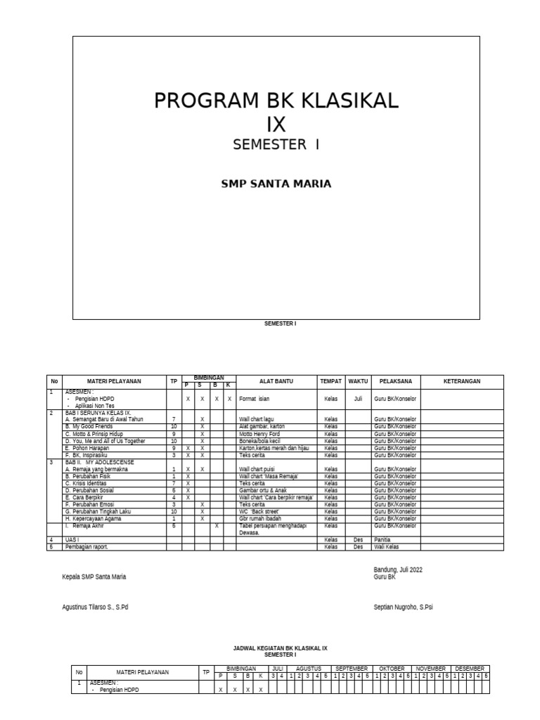 Program Dan Jadwal BK Klasikal Ix Semester I | PDF