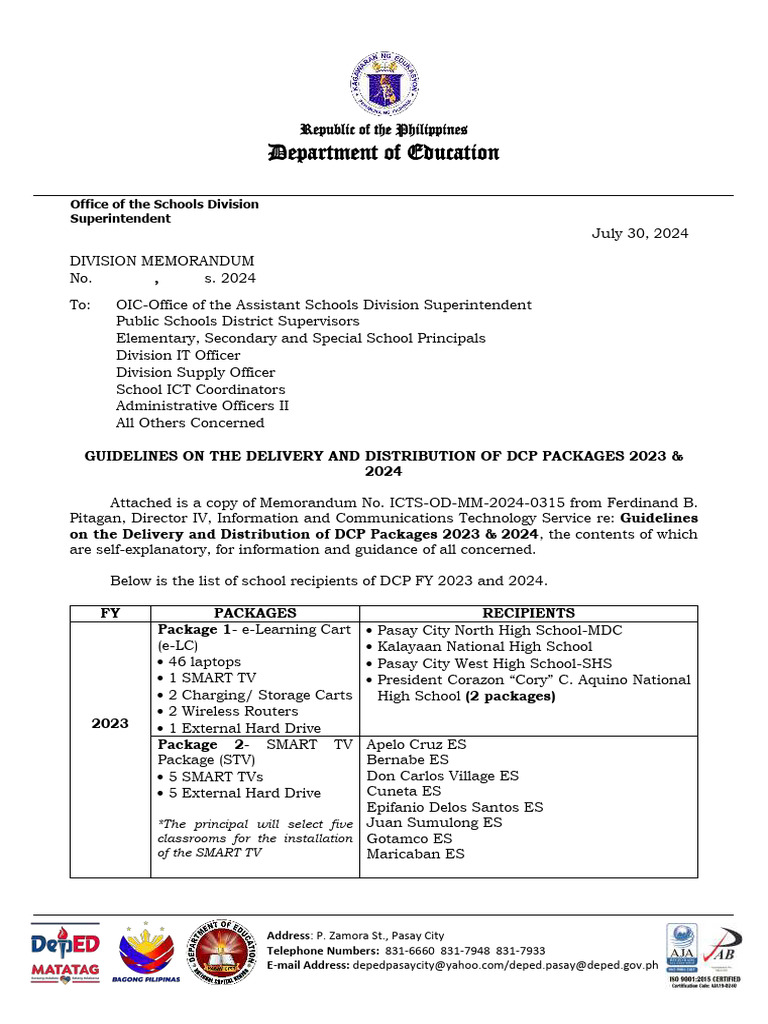 Div Memo-Guidelines On The Delivery and Distribution of DCP Packages ...
