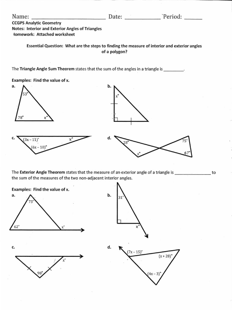 Triangle Interior Exterior Angles Handout and Key | PDF