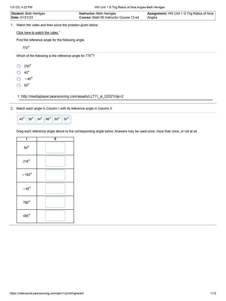 HW Unit 1 G Trig Ratios of Nice Angles-Beth Hentges | PDF