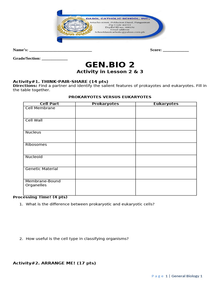 Gen-Bio-1-Week 2-3-Activity | PDF | Cell (Biology) | Prokaryote