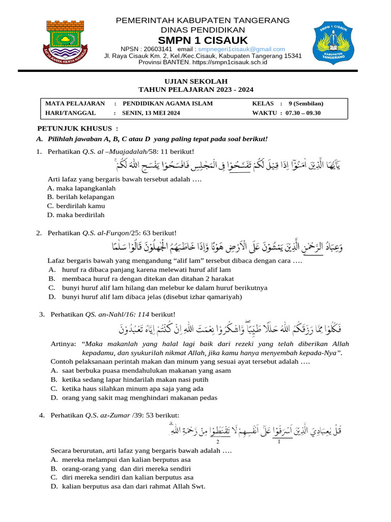 Soal Uas Pai 9 2024 | PDF