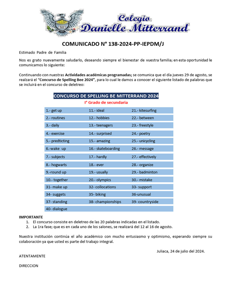 COMUNICADO N 1382024 CONCURSO DE SPELLING BEE 2024 Io DE SECUNDARIA | PDF