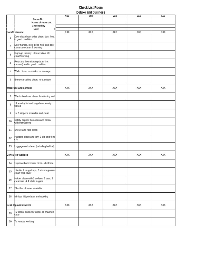 Checklist Room Deluxe and Business | PDF
