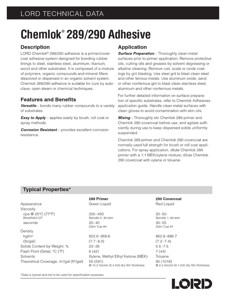 Datasheet - Chemlok 289 - 290 Adhesive (UK) DS3137E | PDF