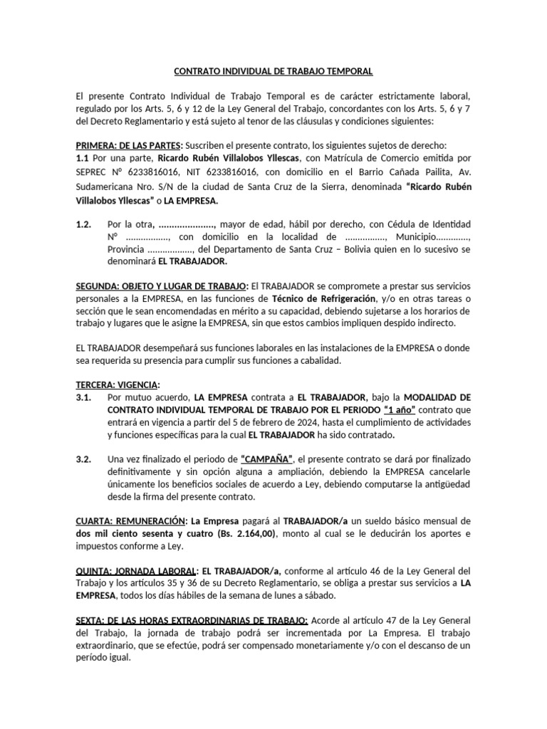 Contrato Individual de Trabajo Temporal Servicri | PDF