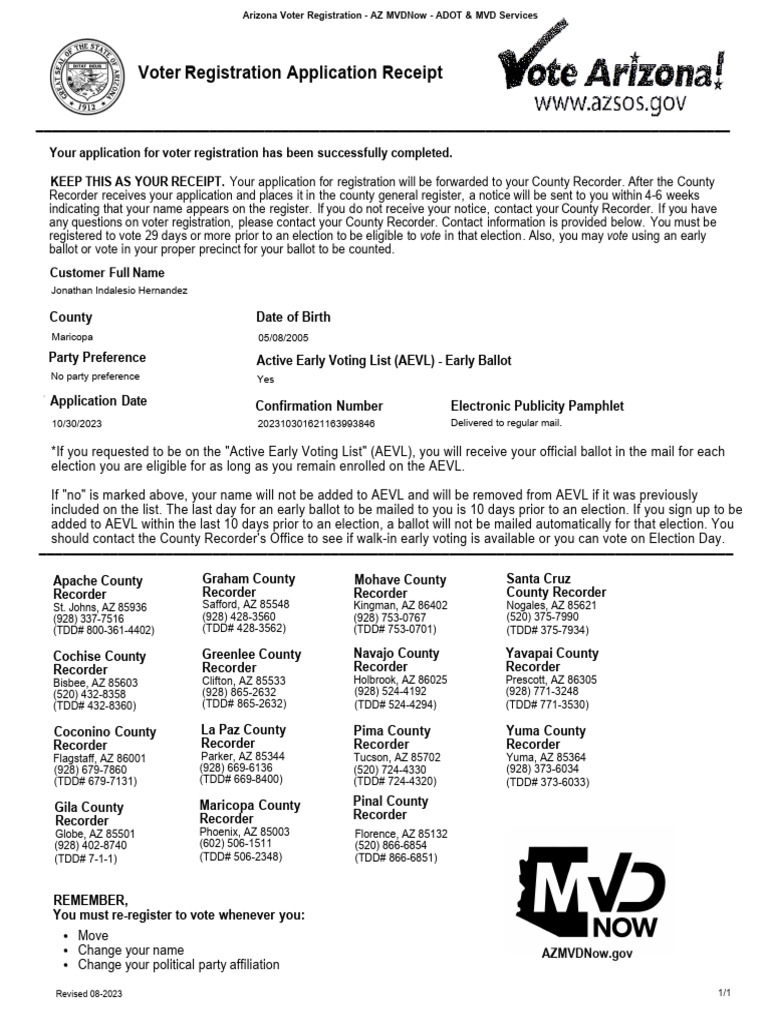 Voter Registration Receipt | PDF | Arizona | Voter Registration