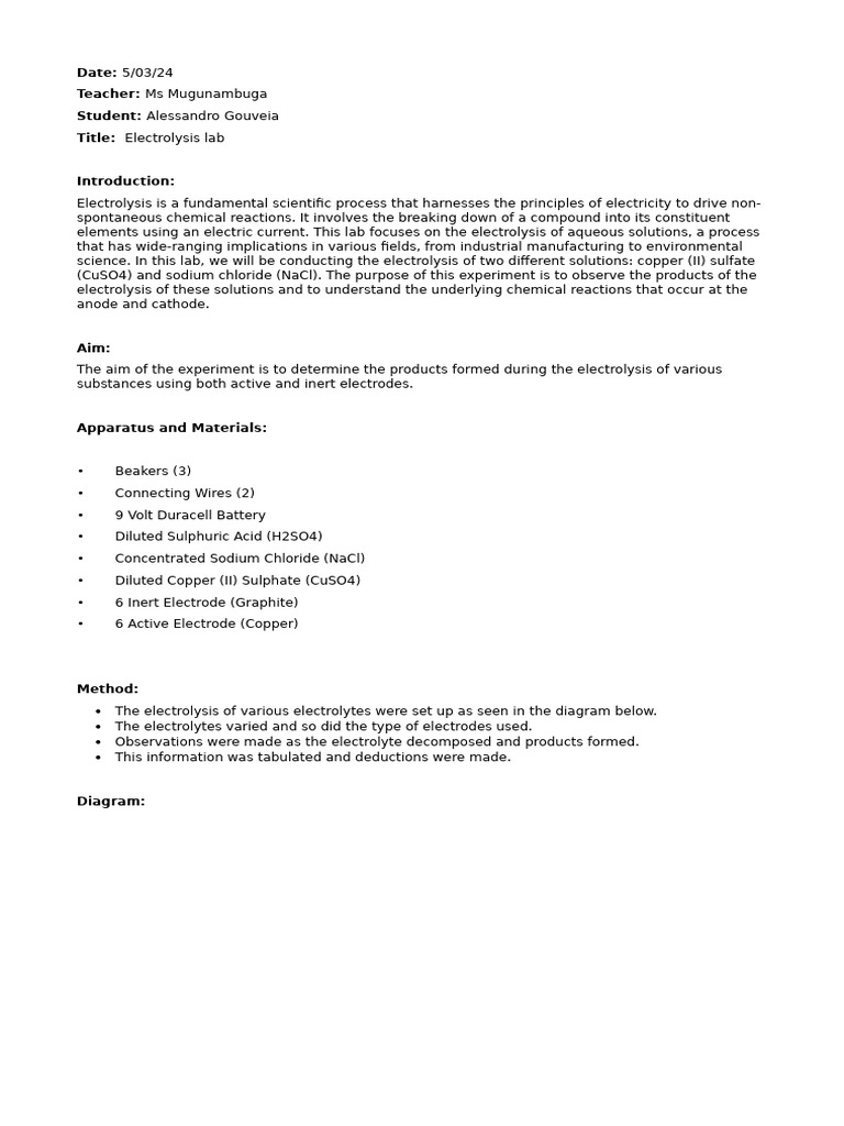 Electrolysis Lab | PDF