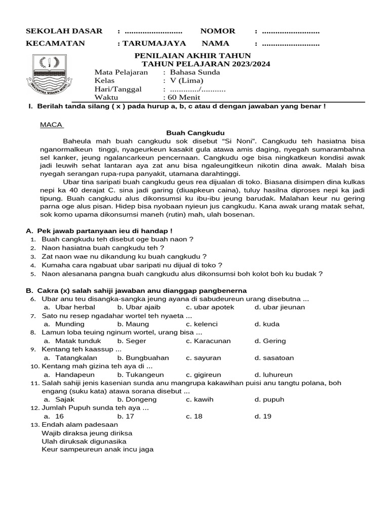 Soal Pat Bahasa Sunda Kelas 5 | PDF