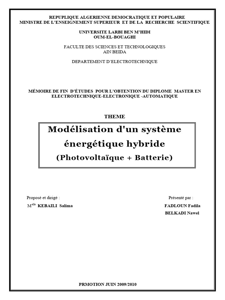 Modélisation d'Un Système Énergétique Hybride (Photovoltaïque ...