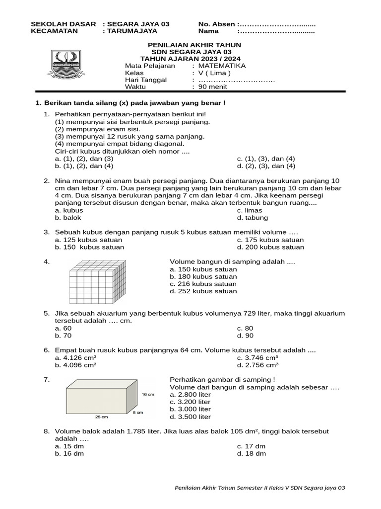 Soal PAT Matematika Kelas 5 Semester 2 T.A 2022-2023 | PDF