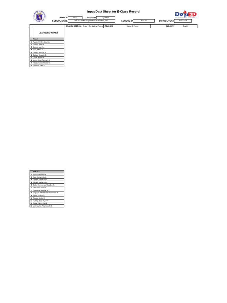 Grade 9 Fatima | PDF