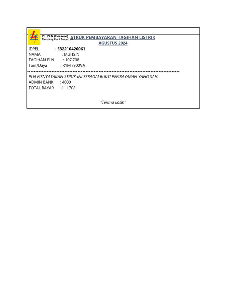 Struk Pembayaran Tagihan Listrik: PLN Menyatakan Struk Ini Sebagai Bukti Pembayaran Yang Sah | PDF