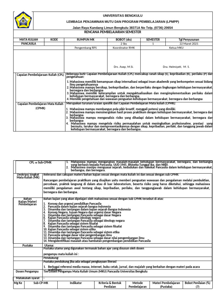 RPS Pendidikan Pancasila | PDF