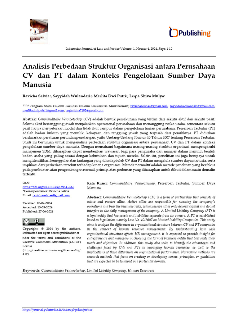 1 Analisis Perbedaan Struktur Organisasi Antara Perusahaan CV Dan PT Dalam Konteks Pengelolaan ...