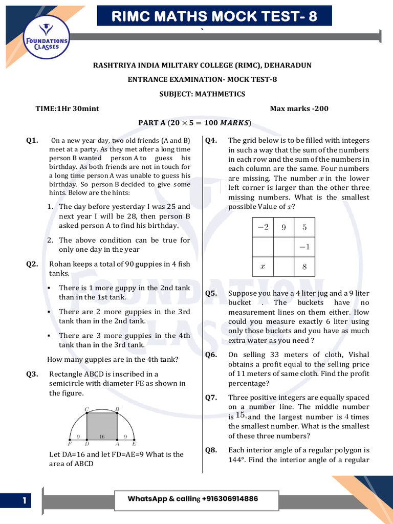 RIMC Jun 2024 Maths Test 8 | PDF